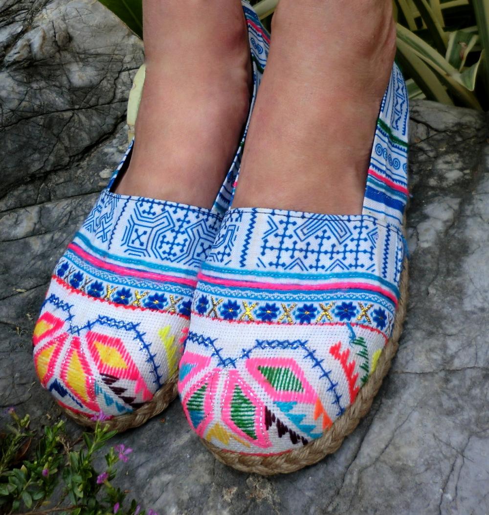 Hmong Embroidered & Batik Womens Blue Vegan Loafers Shoes on Luulla