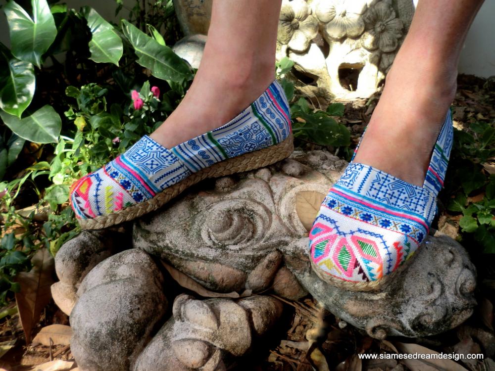 Hmong Embroidered & Batik Womens Blue Vegan Loafers Shoes on Luulla
