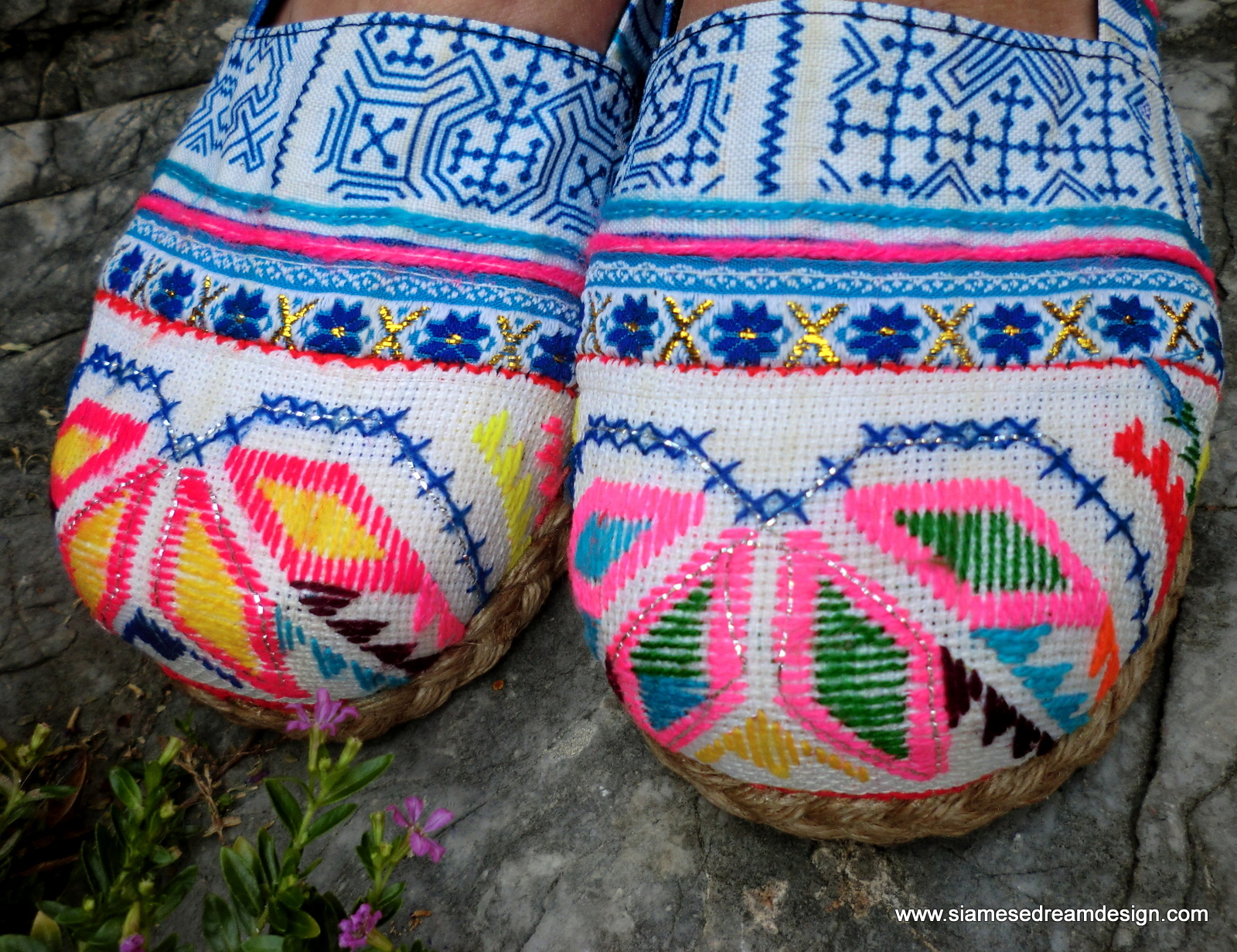 Hmong Embroidered & Batik Womens Blue Vegan Loafers Shoes on Luulla