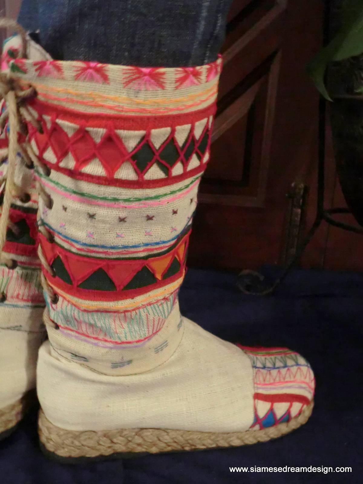 Tribal Boots Embroidered & Appliquéd Natural Woven Cotton Back Lace on ...